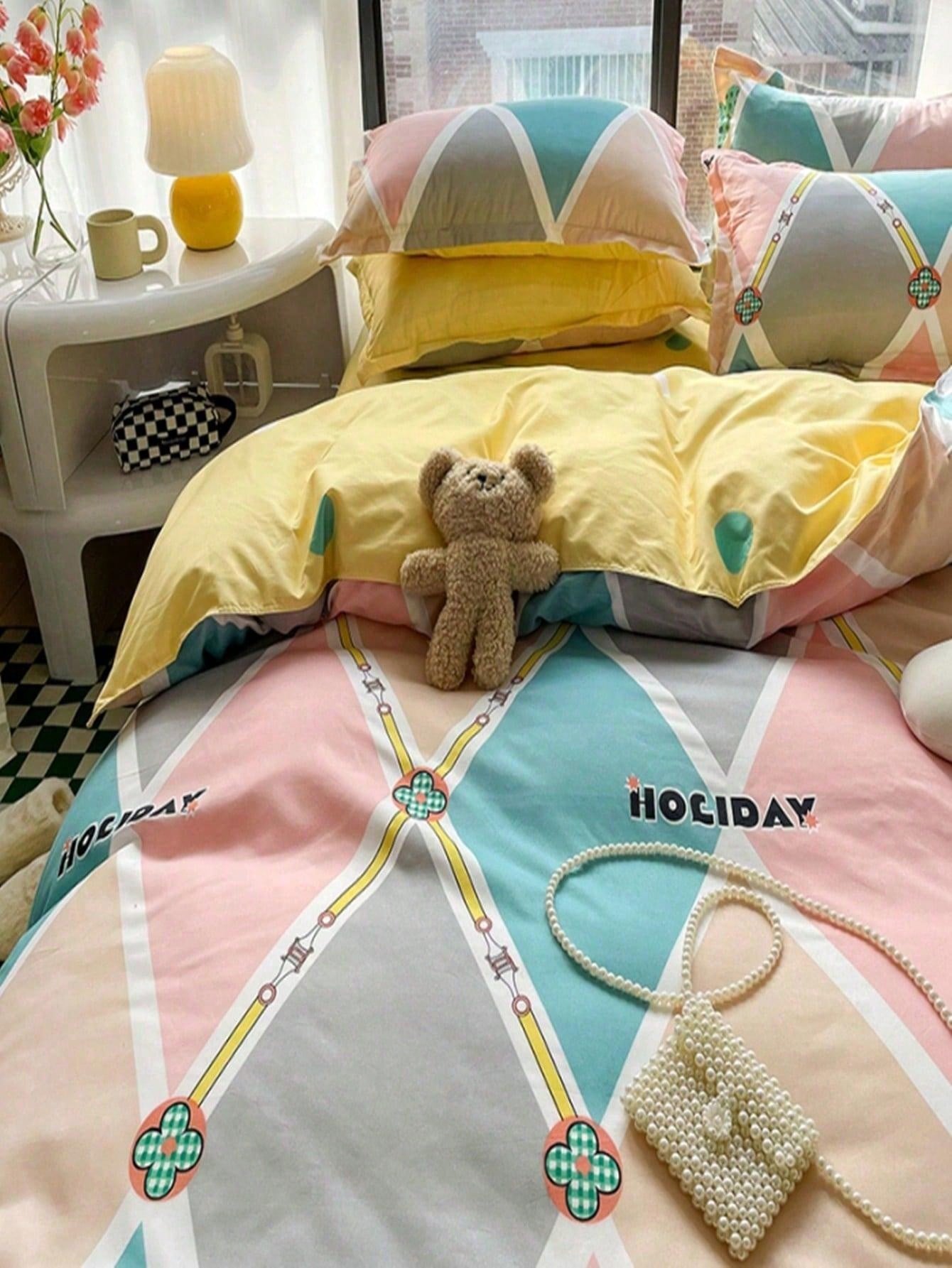 Color Block Rhombus Plaid Pattern Double Needle Quilt Cover | SHEIN EUR