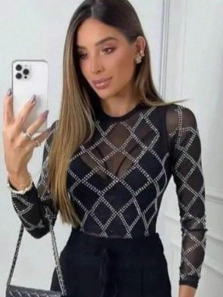 Lanestore Body Tule pedraria manga longa transparente bory feminino ...