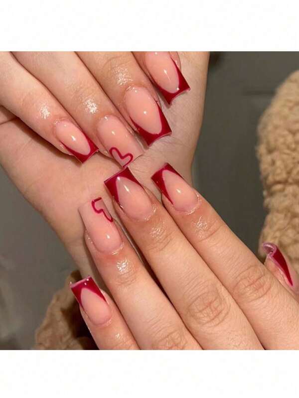 24 Rectangular Red Striped Fake Nails, 1 Nail File, and 1 Piece of ...