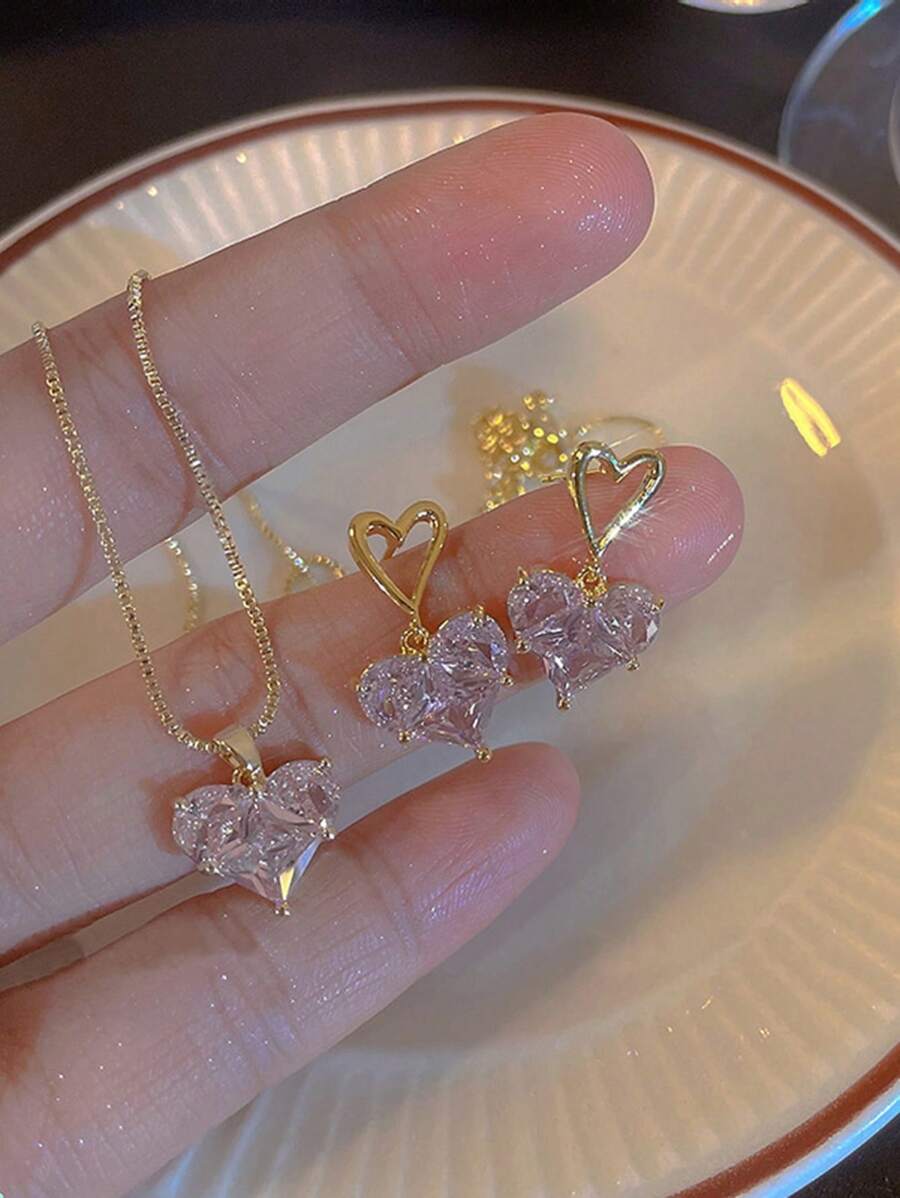 3pcs Y2k Style Heart-shaped Rhinestone Pendant Necklace & Earrings ...