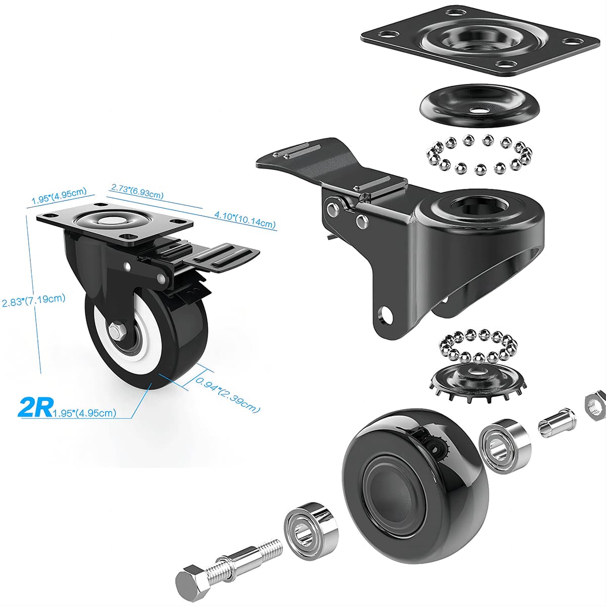 2" Casters Set of 4 Heavy Duty but Silent, Ball Bearing 360 Degree Top ...
