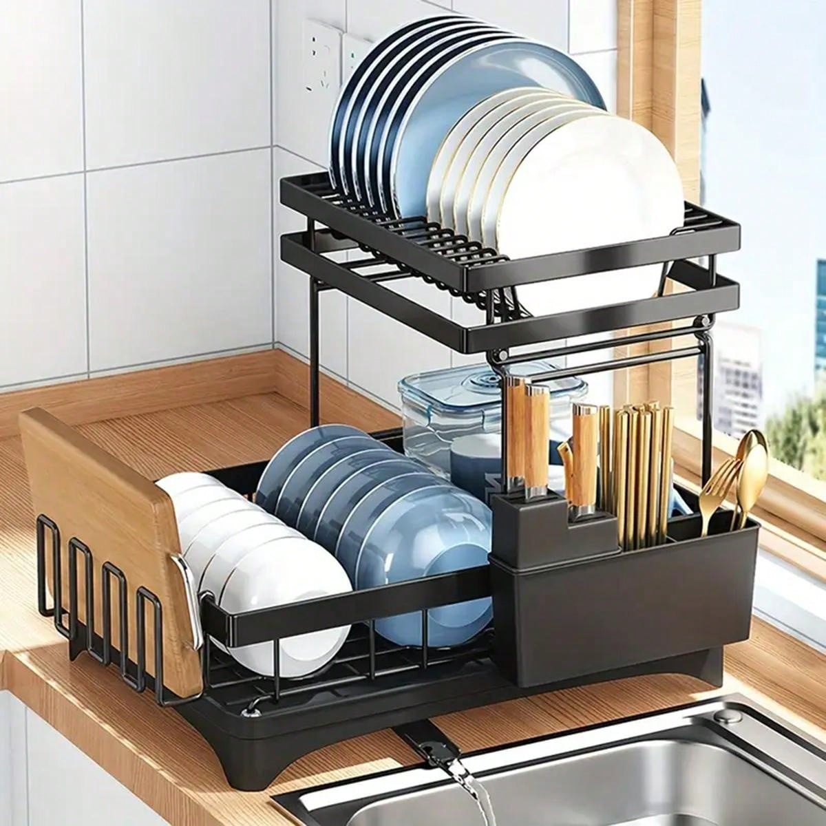 Black Kitchen Drain Bowl Rack, Utensils And Dish Storage Rack | SHEIN UK