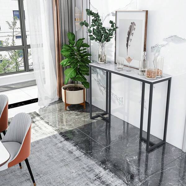Slim Console Table Hallway Unit: White Marble Top Consoles Desk Long ...