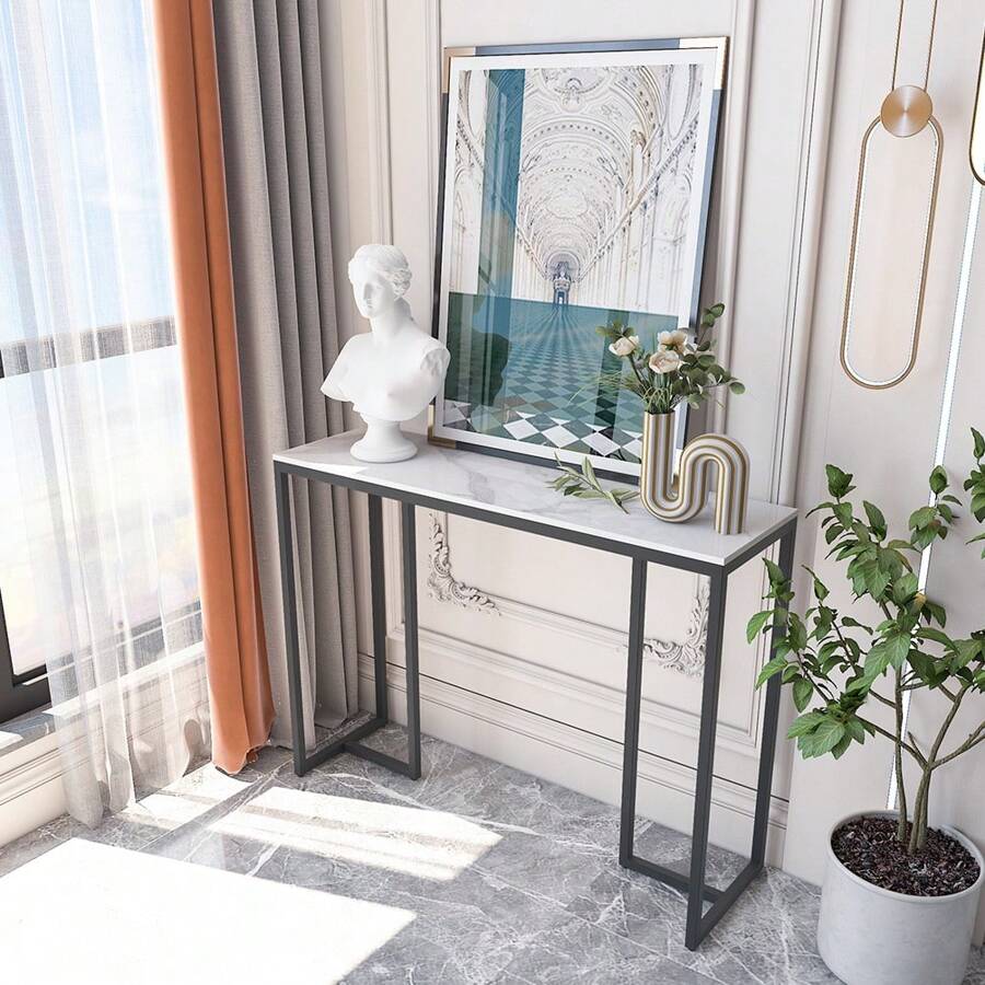 Slim Console Table Hallway Unit: White Marble Top Consoles Desk Long ...