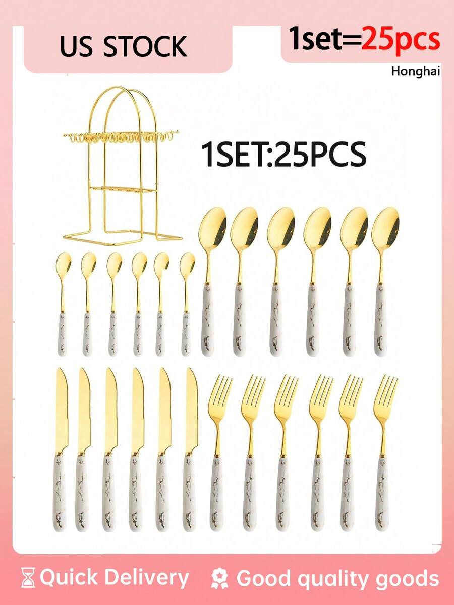 25-Piece Gilded Stainless ceramics Steel Flatware Set, Kitchen Utensil ...