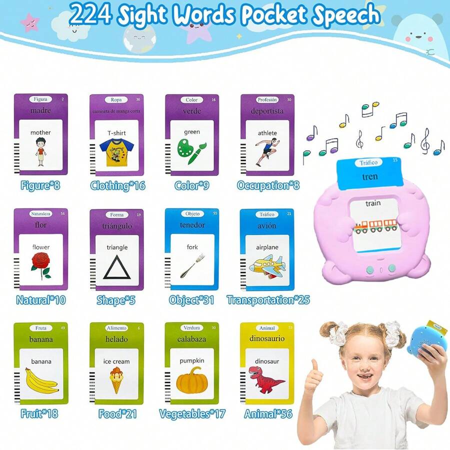 Pink Talking Flash Cards - Bilingual English & Spanish Flash Cards for ...