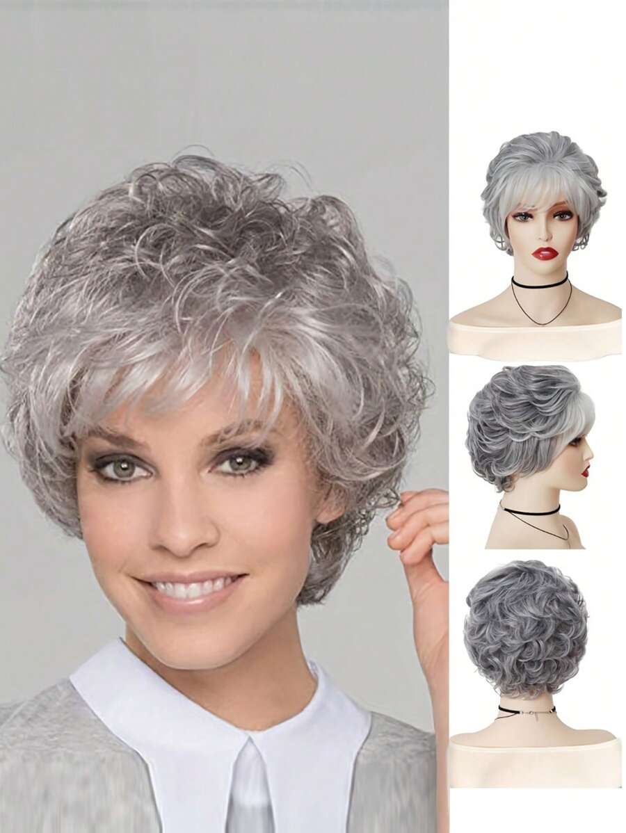 Silver Grey Short Curly Pixie Cut Wig With Bangs Synthetic Wig ...