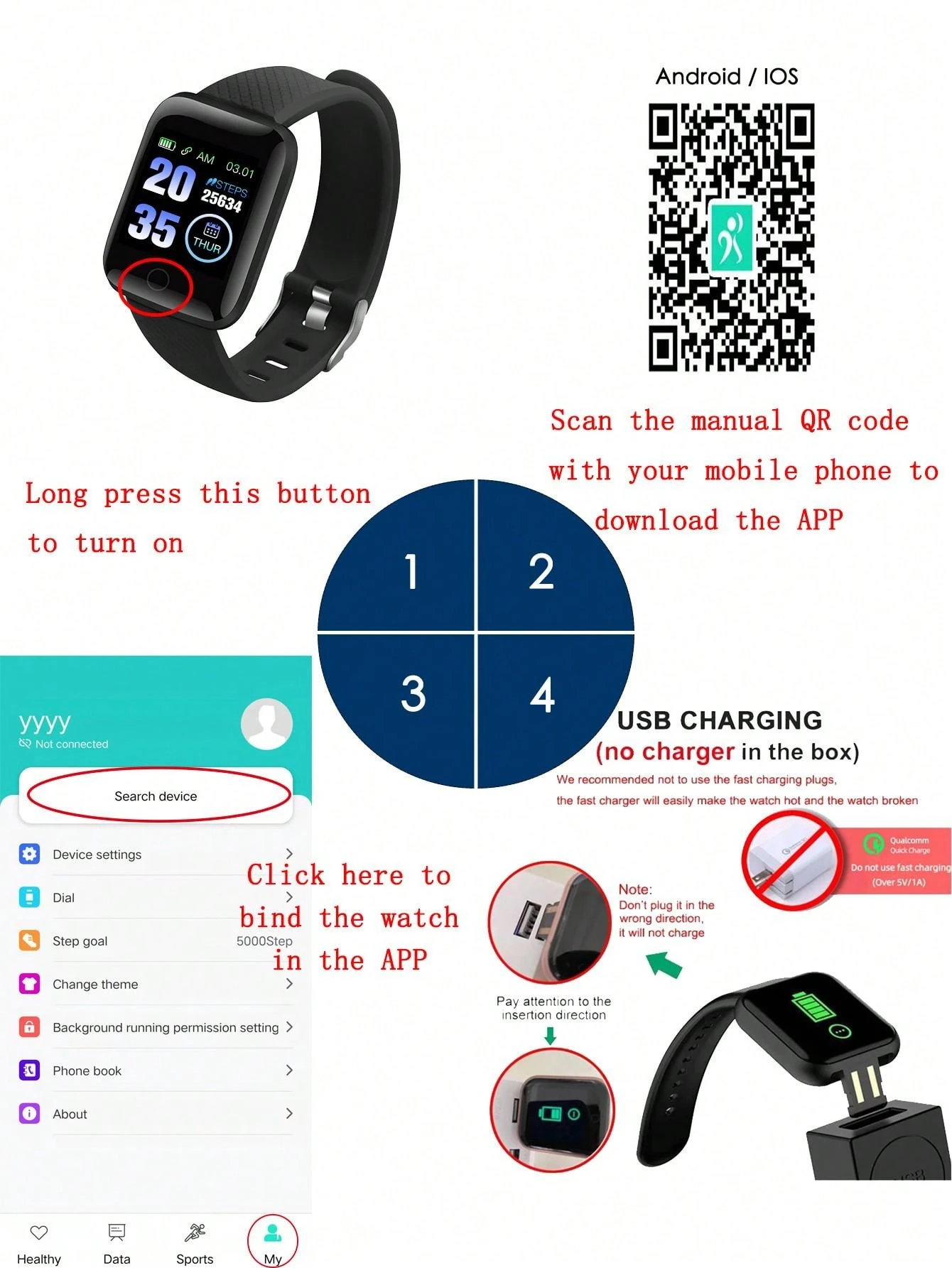 1pc Unisex Black Silicone Strap 1.44 Inch Touch Screen Multi-Function ...