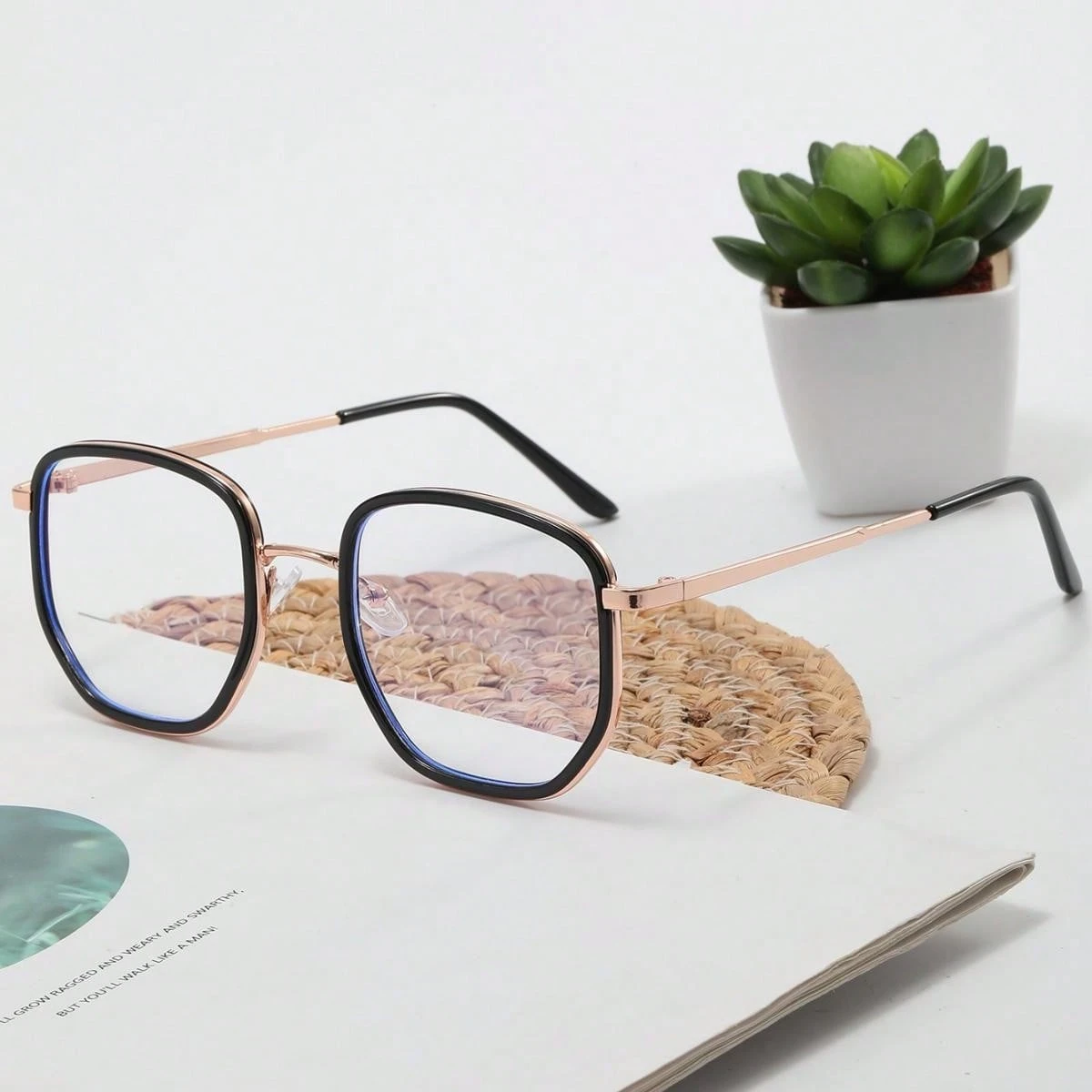 Metal 1pc Metal Frame Geometric Decor Anti-Blue Light Clear Lens ...