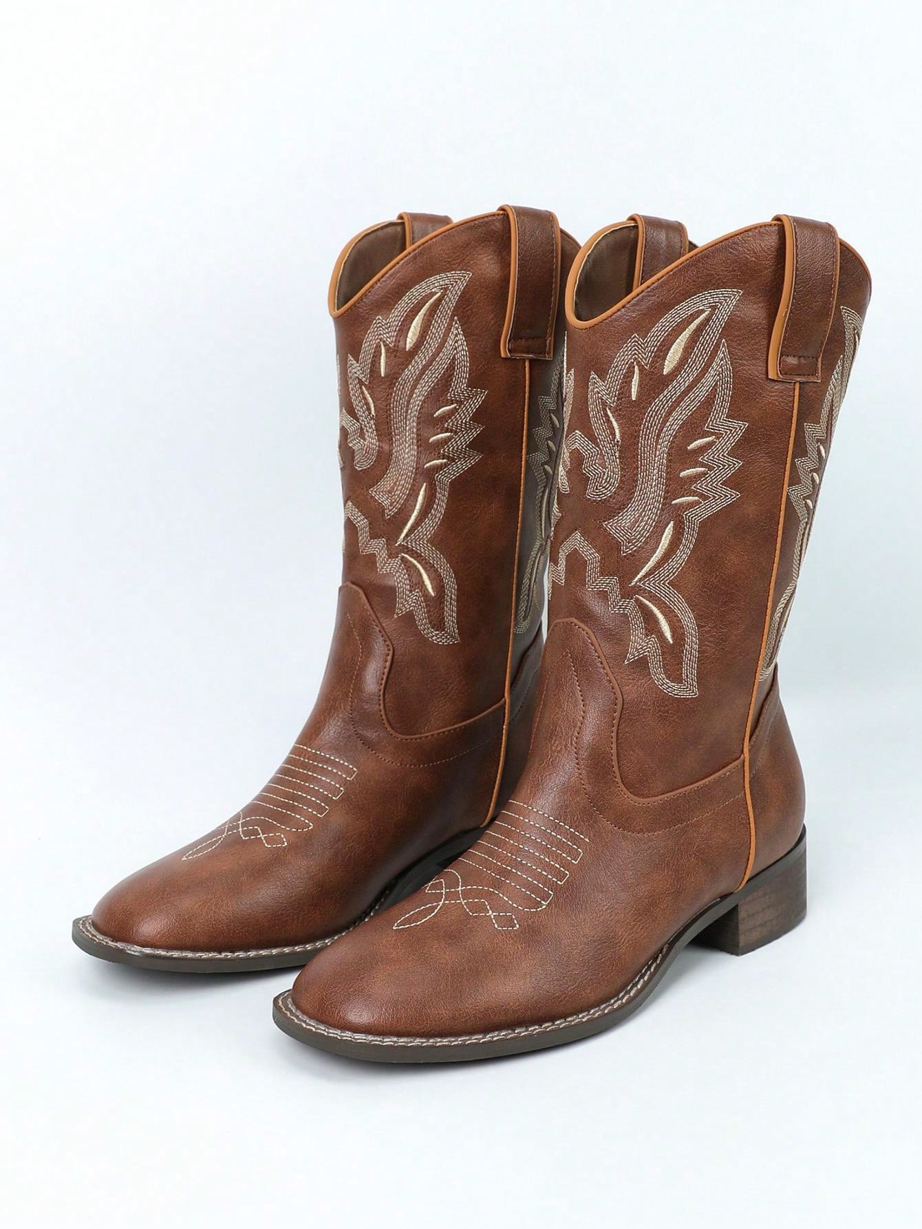 Western Style Retro Pu Leather Boots With Embroidery Decor, Chunky Heel ...