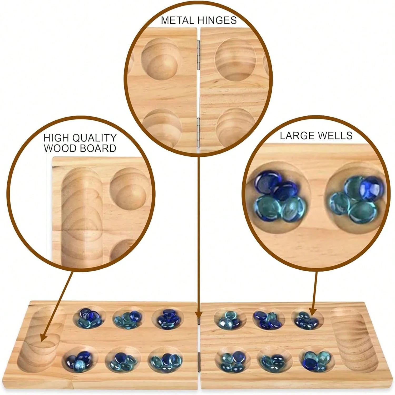 1set Mancala Board Game Set With Wooden Board & 48 Gemstones, Foldable ...