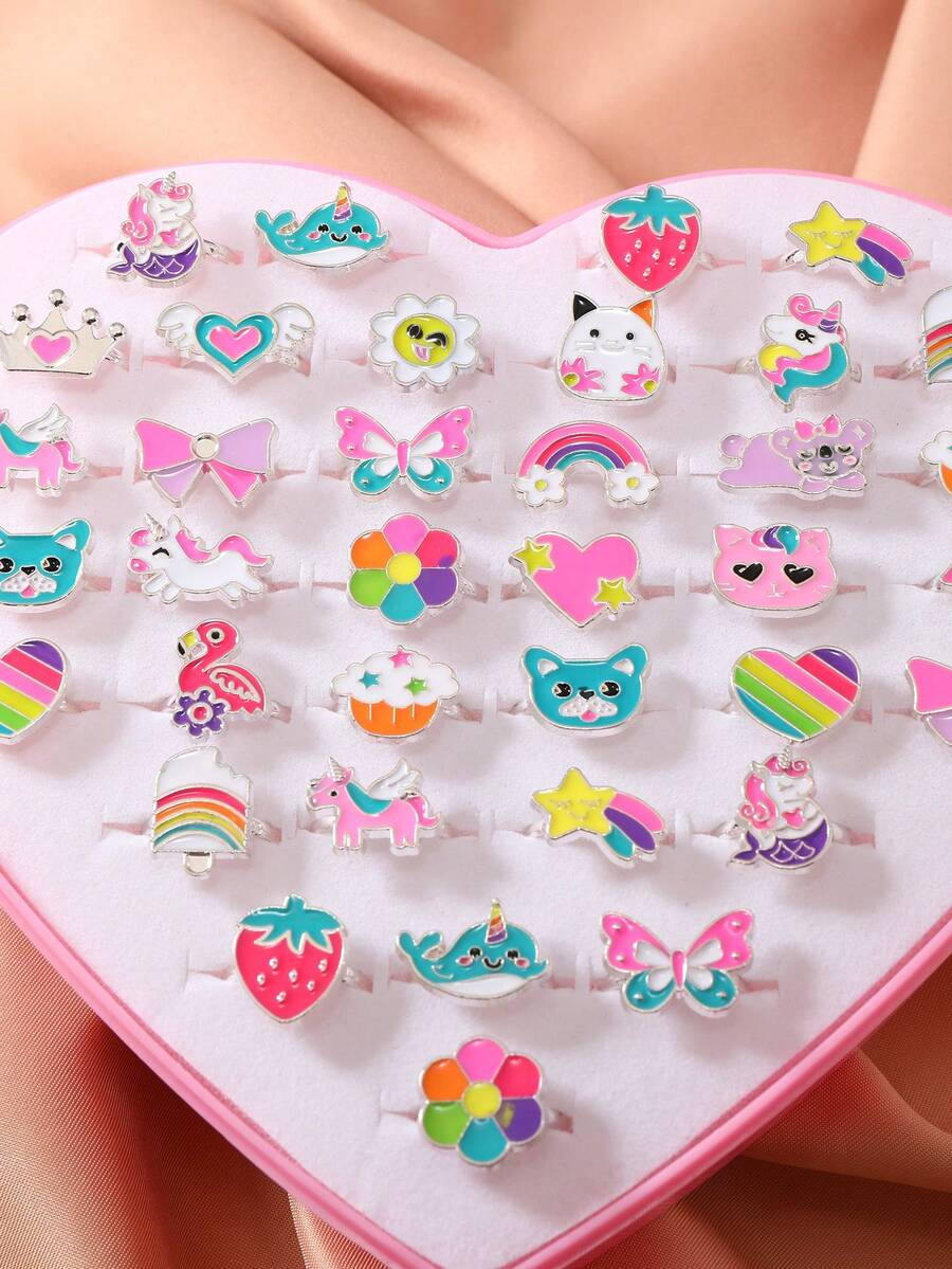 36pcs/set Alloy Adjustable Rings For Girls Featuring Funny Animals ...