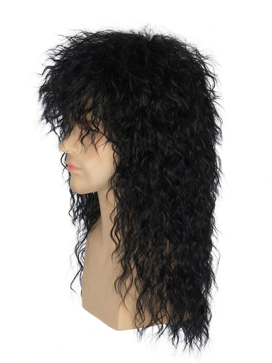 Men’s 80s Long Curly Black Wig Rocker Mullet Synthetic Wig for ...