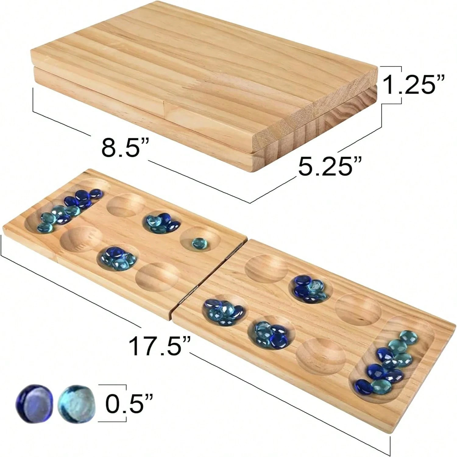 1set Mancala Board Game Set With Wooden Board & 48 Gemstones, Foldable ...