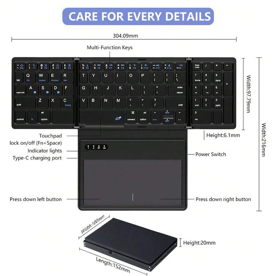 Jomaa Leather Foldable Wireless Keyboard Full Size Wireless Keyboard ...