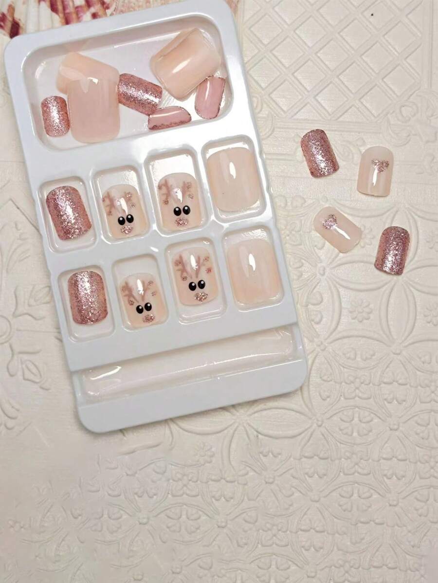 24pcs All Seasons Cute Style Artificial Nails, With Glitter, Cartoon ...