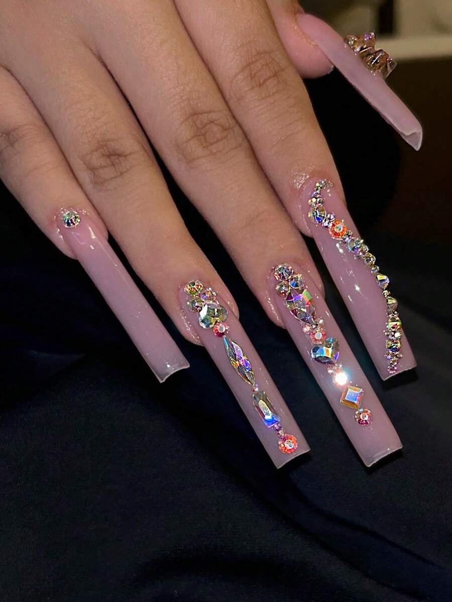 Elevate Your Style with 24 pcs long square press on nails color diamond ...