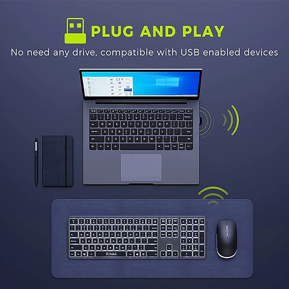 Jomaa Jomaa 2 4g Wireless Keyboard And Mouse Combo Full Size Rechargeable Backlit Usb Wireless