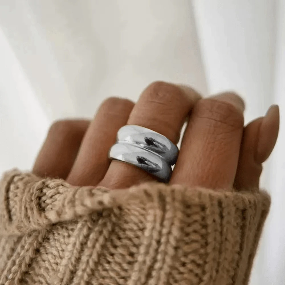 VKHK 1pc Vintage Stainless Steel Wide Band Double Layer Single Ring ...