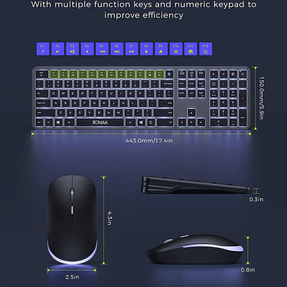 Jomaa 2 4g Wireless Keyboard And Mouse Combo Full Size Rechargeable Backlit Usb Wireless