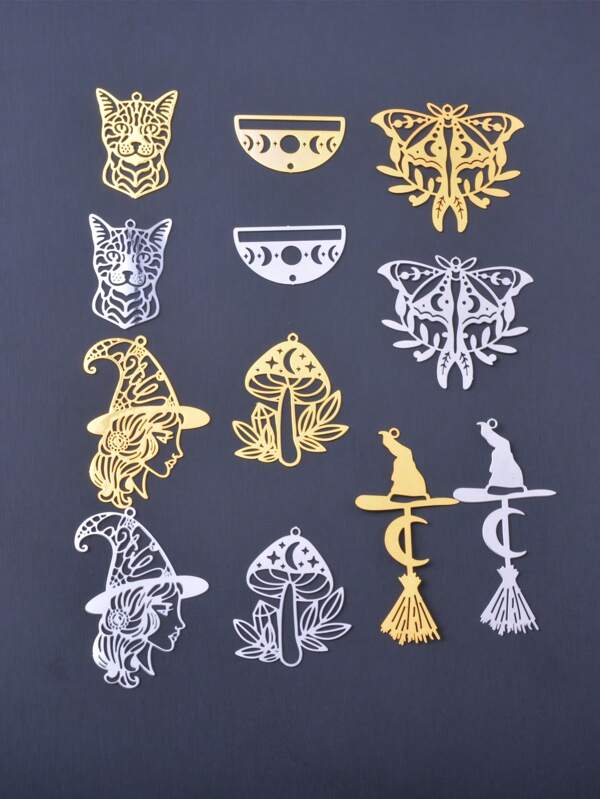 10pcs Yellow Brass Leopard, Mushroom, Broom, Witch, Moth Charm ...