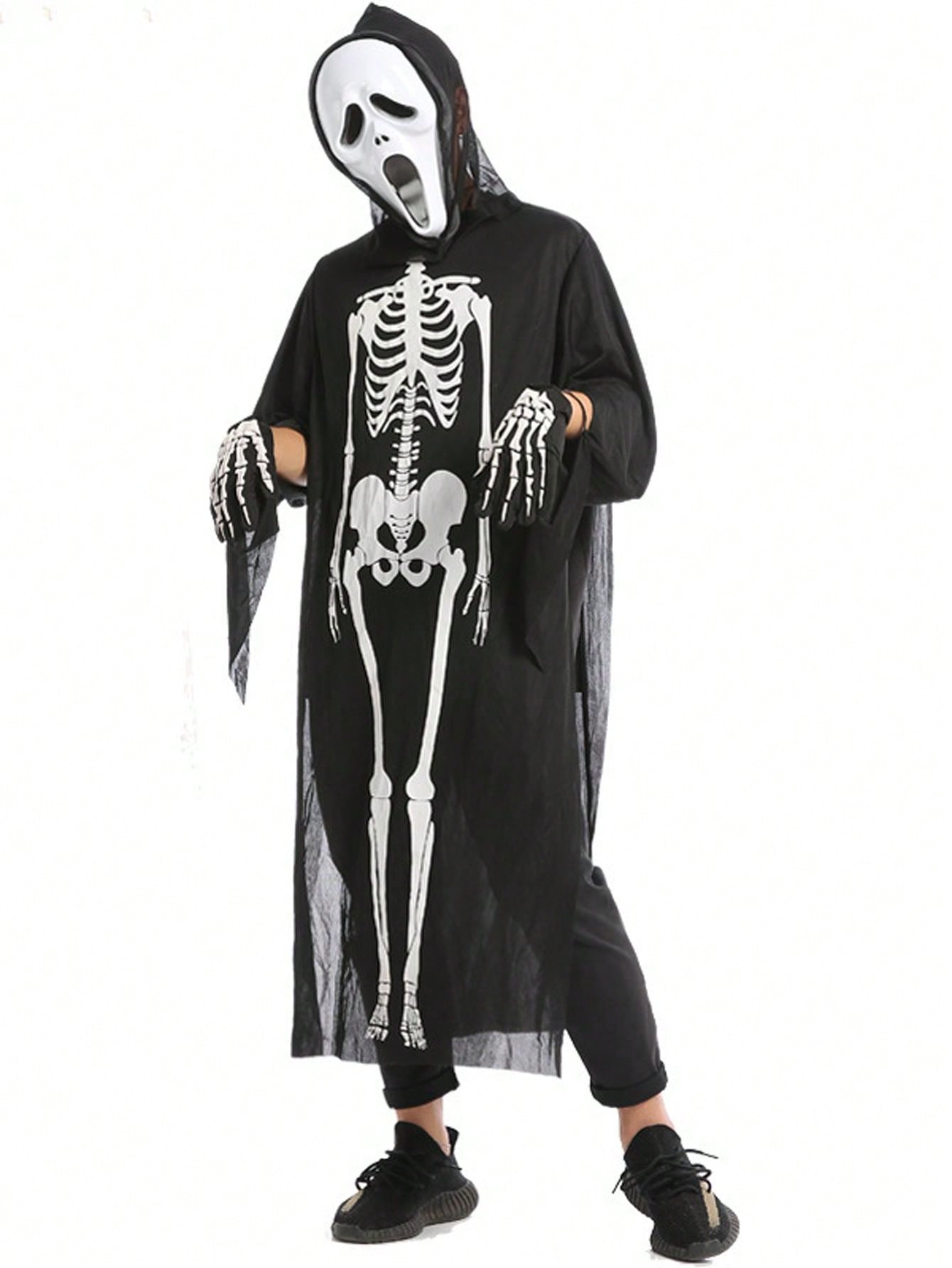 3pcs Skeleton Bodysuit + Gloves + Mask Set For Halloween Costume Party ...