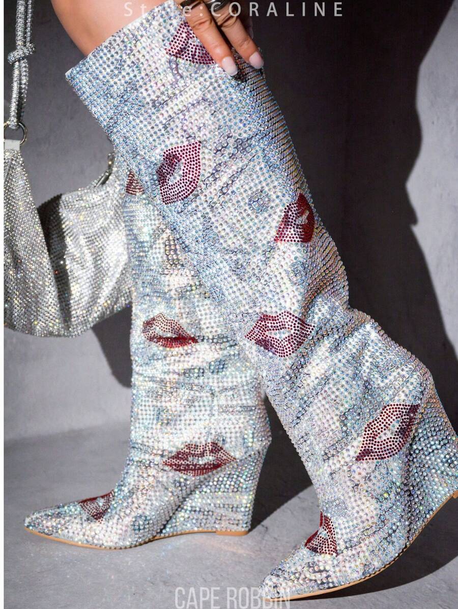 Women's Rhinestone-Coated Thigh High Boots - Single Pointy Toe Thigh ...