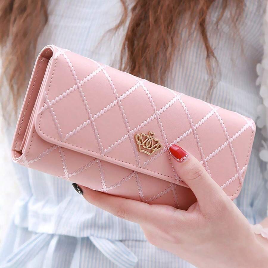 Geometric Pattern Fashionable Crown Decorated Trifold Long Wallet, Back ...