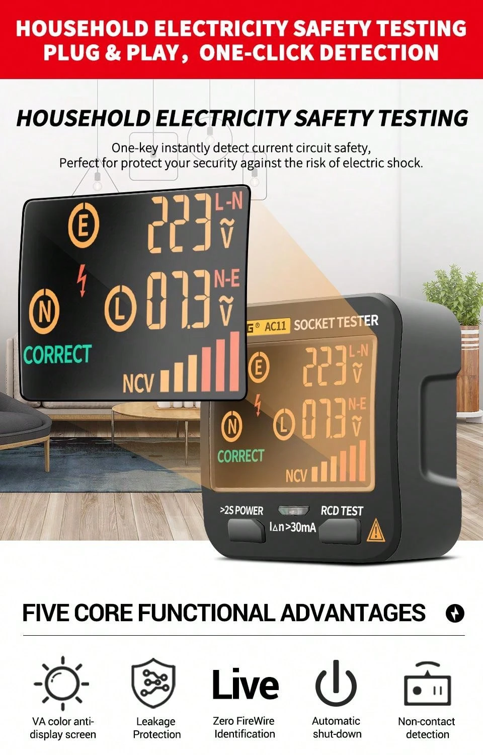ANENG AC11 Voltage Test Socket Detector Ground Zero Line Phase Check ...
