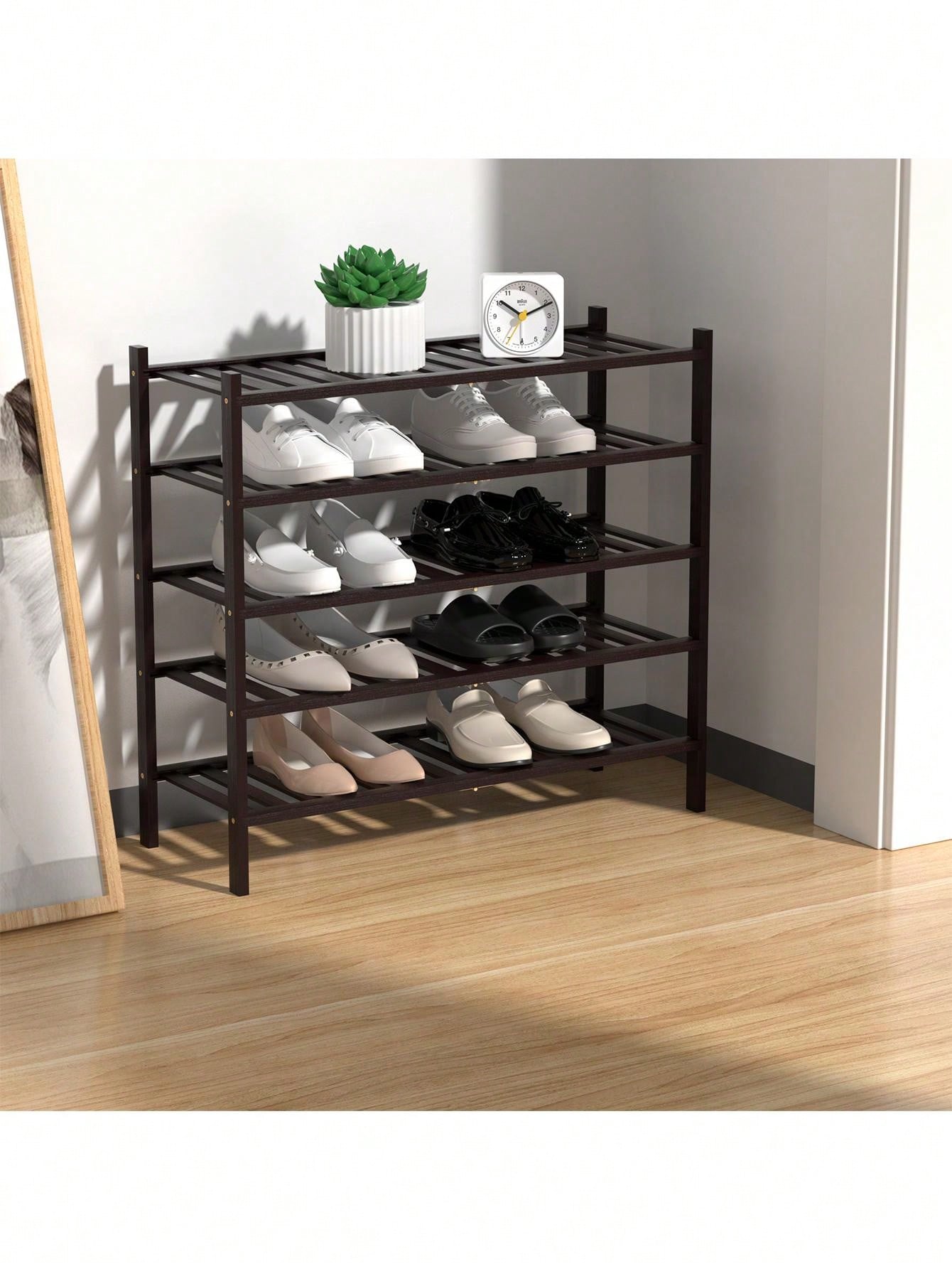 Collapsible 5-Tier Natural Bamboo Shoe Rack - Stackable Storage Shelf ...