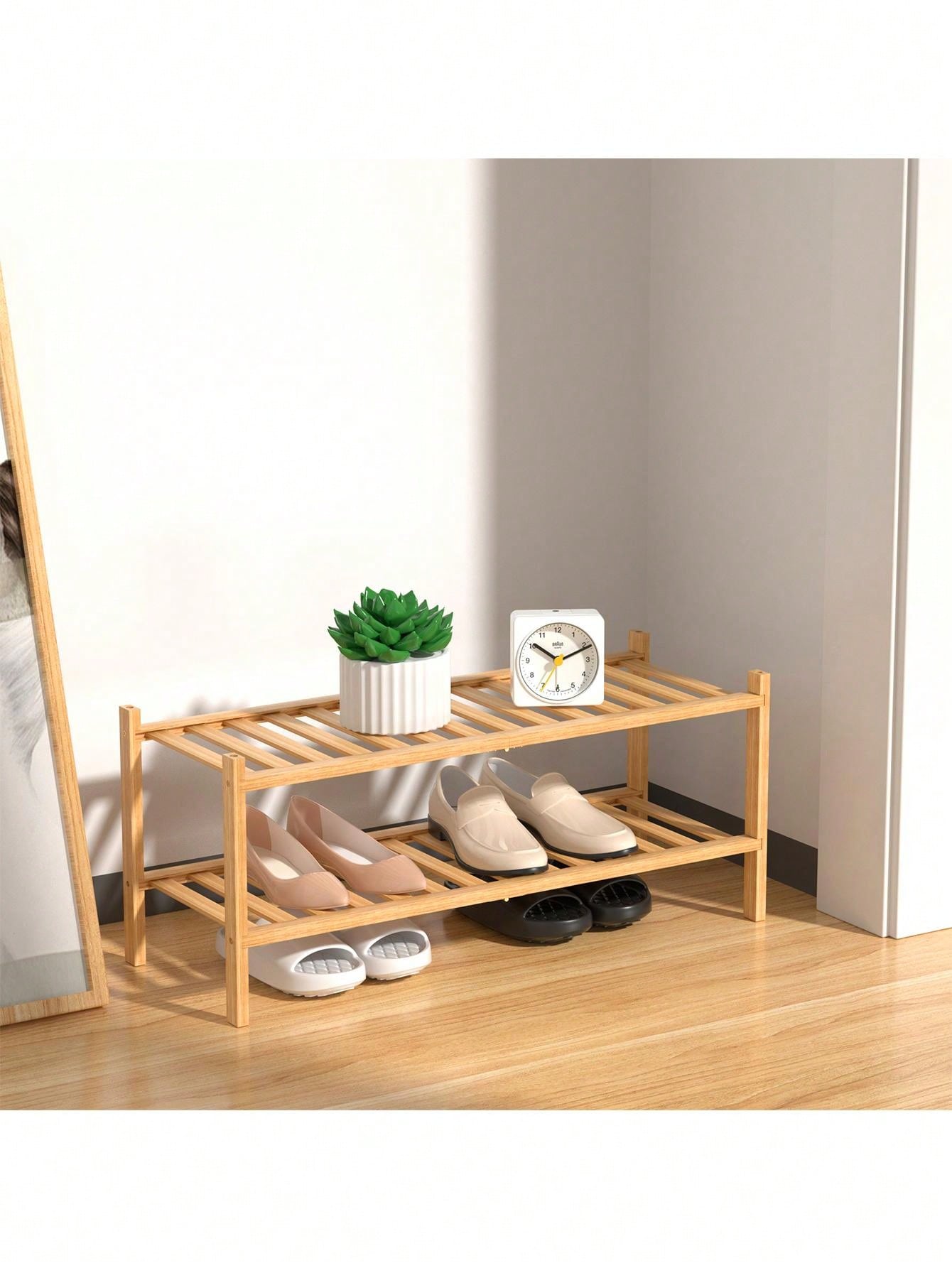Natural Bamboo Shoe Rack - Stackable Storage Shelf with Multi-Function ...
