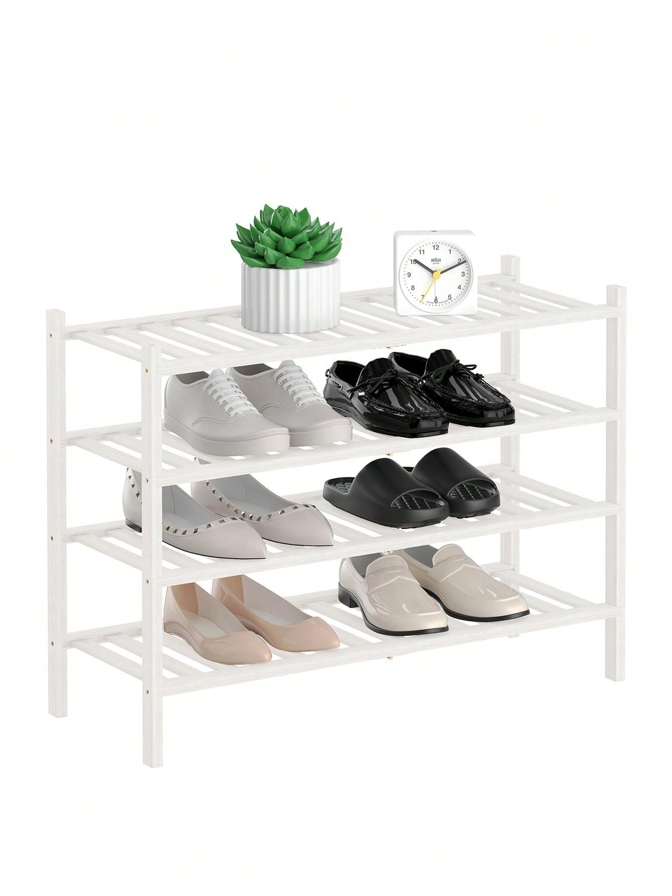 Collapsible 4-Tier Natural Bamboo Shoe Rack - Stackable Storage Shelf ...