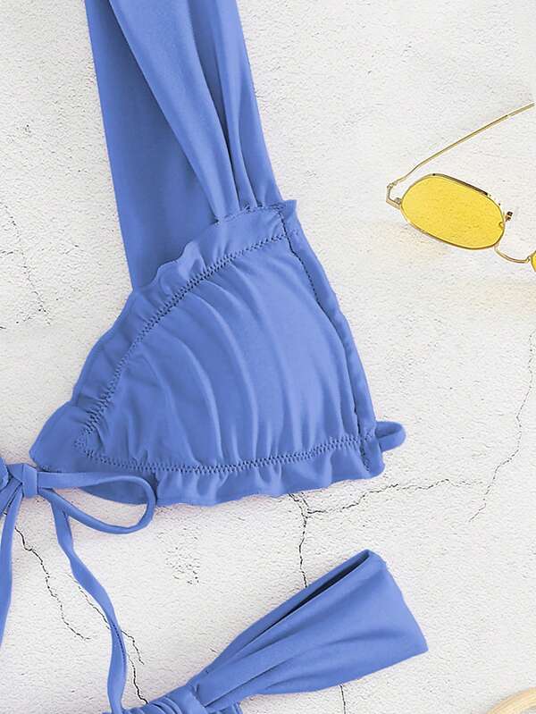 Women's Bikini Swimsuit, Halter Neck, With Ruffle Trim And String Ties ...