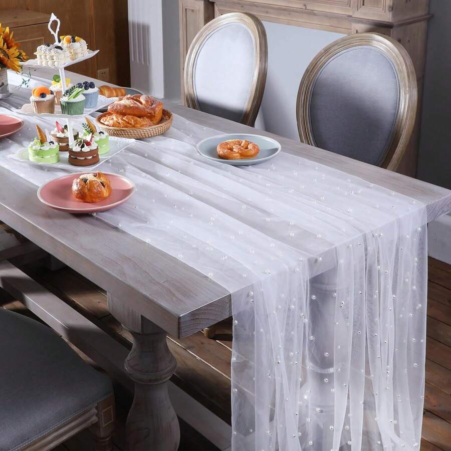 White Faux Pearl Decorative Table Runner, Wedding Pearl Tulle Table ...