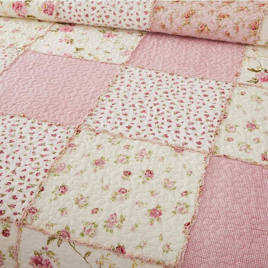 Brandream Pink Rose Floral Patchwork Quilts Cotton Queen Size Quilted ...