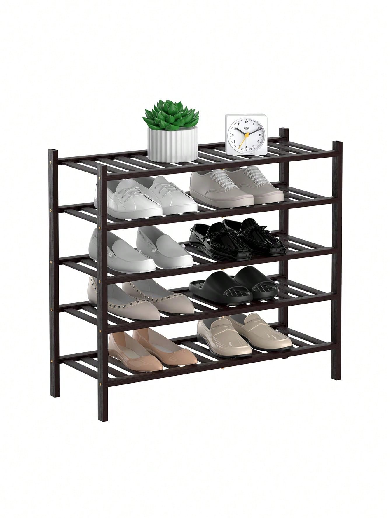 Collapsible 5-Tier Natural Bamboo Shoe Rack - Stackable Storage Shelf ...
