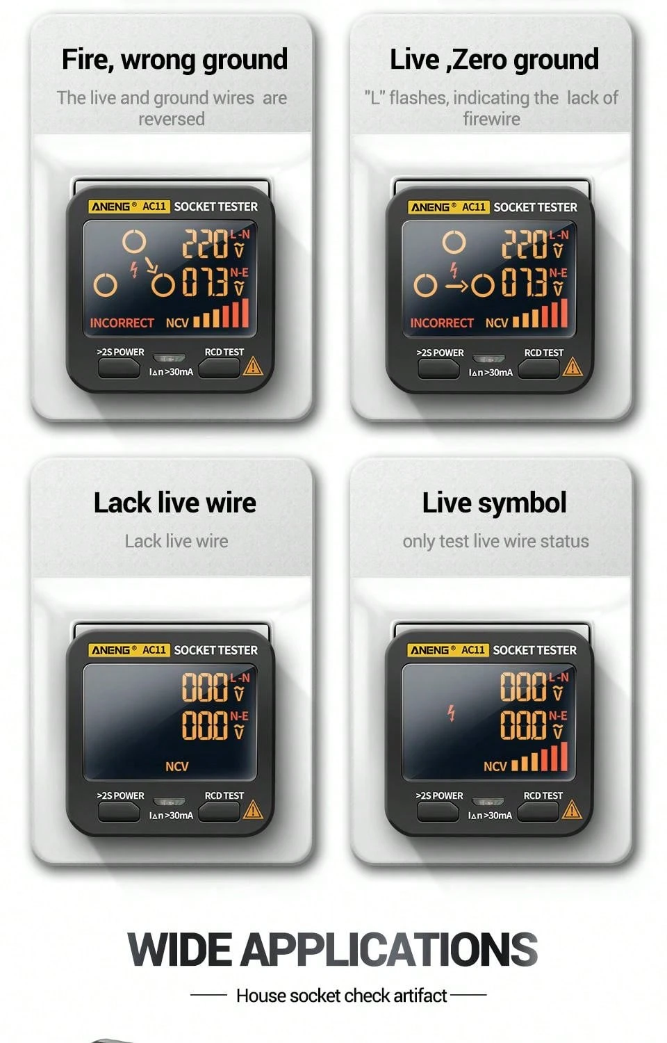 ANENG AC11 Voltage Test Socket Detector Ground Zero Line Phase Check ...