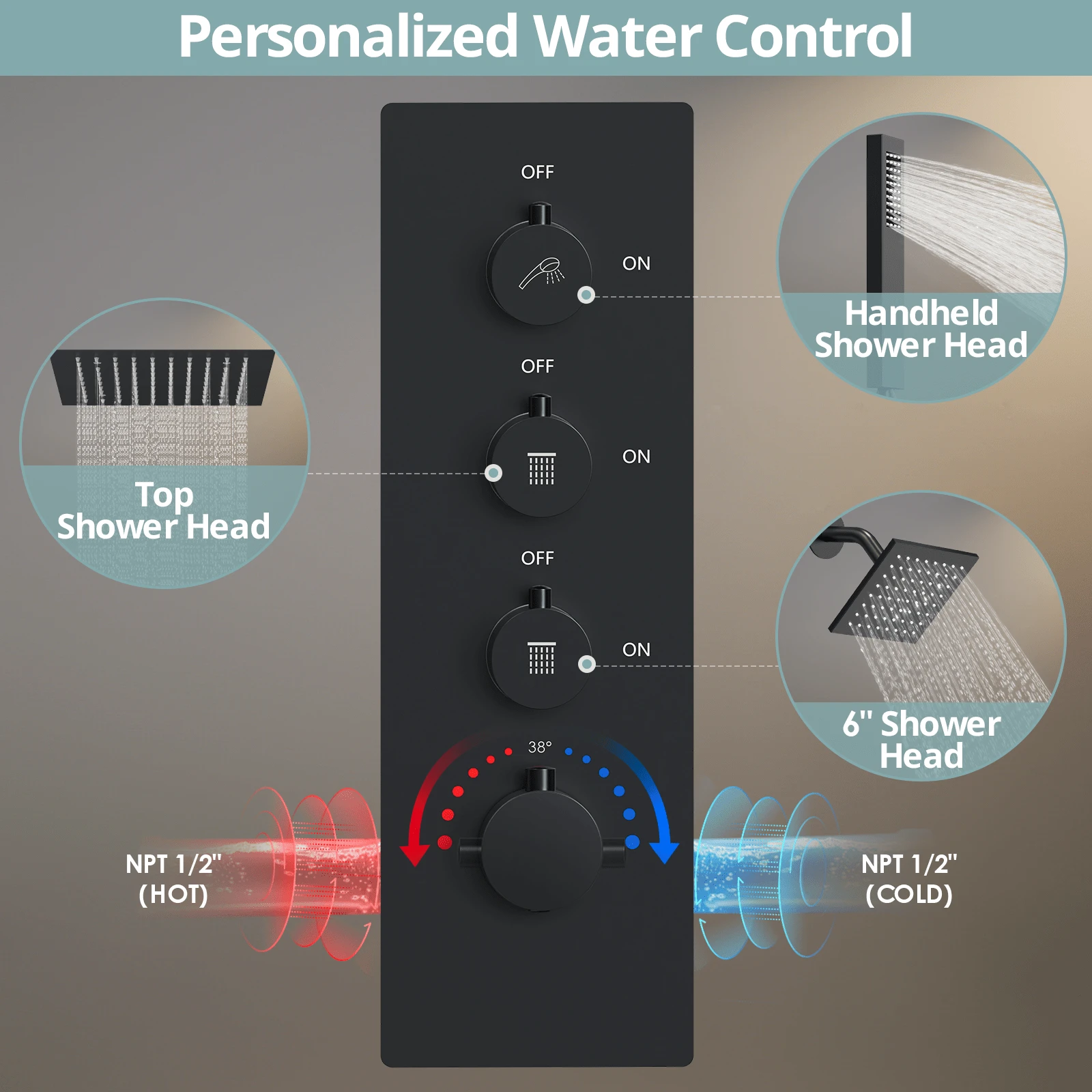 EVERSTEIN 12 Inch Thermostatic LED Dual Shower Heads Complete Shower ...