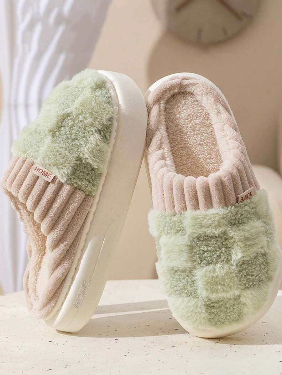 Women's Plush Home Slippers Warm Furry Slipper Square & Color Block ...