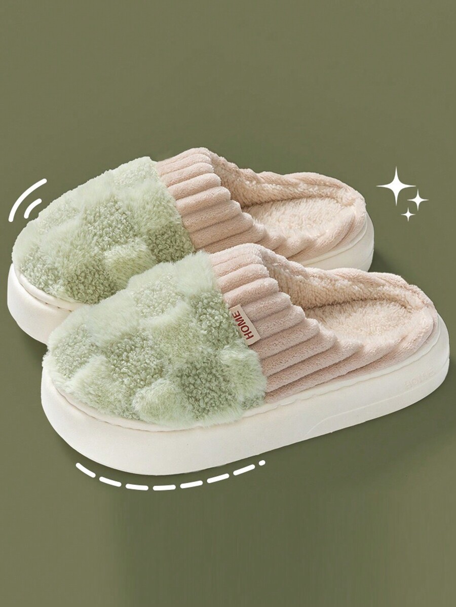 Women's Plush Home Slippers Warm Furry Slipper Square & Color Block ...