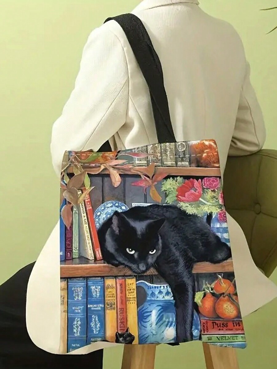 Bookshelf Black Cat Canvas Tote Bag, Large Capacity Shoulder Bag For ...