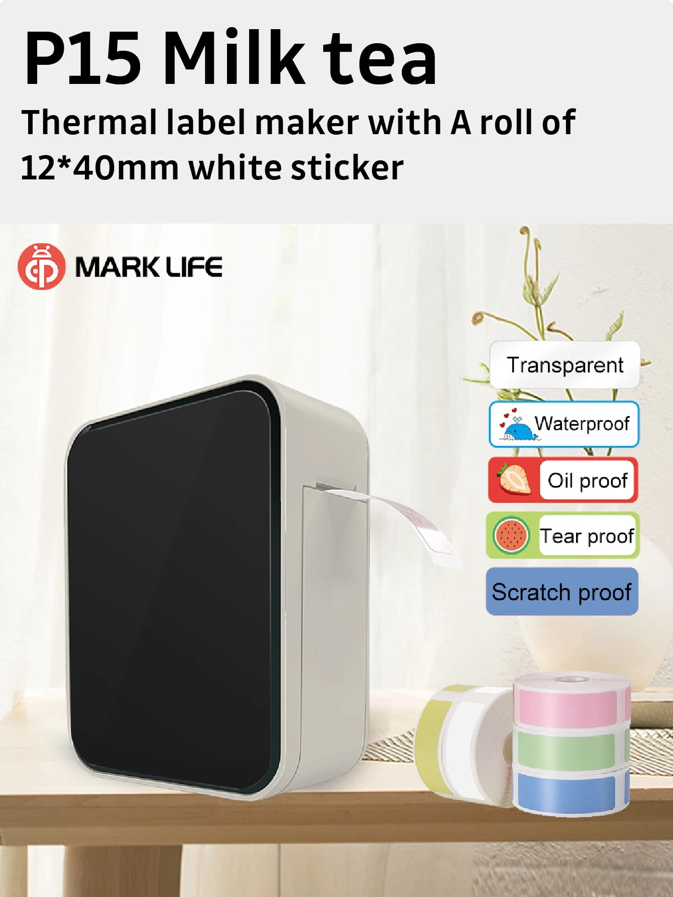 Marklife 1pc P15 Milk Tea, Portable Bluetooth Thermal Labels Maker, Wireless Label Printer ...