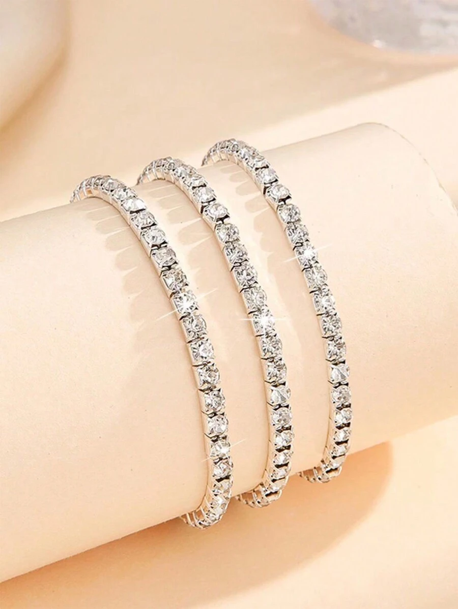 3pcs Sparkling Crystal Rhinestone Elastic Silver Bangle Bracelets For ...