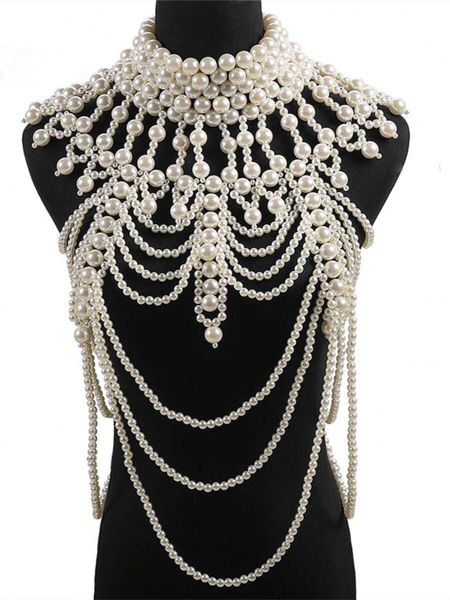 1pc Sexy Faux Pearl Tassel Body Chain With Multiple Layers, French ...