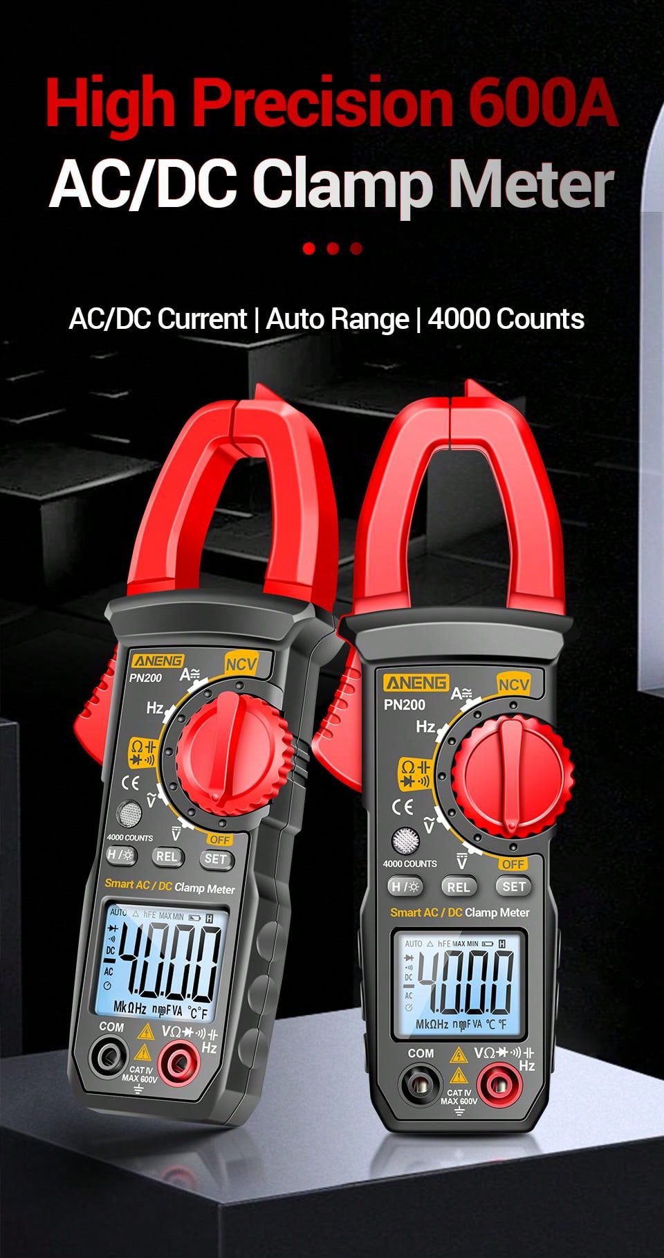 ANENG PN200 Digital Clamp Meter DC/AC 600A Current 4000 Counts ...
