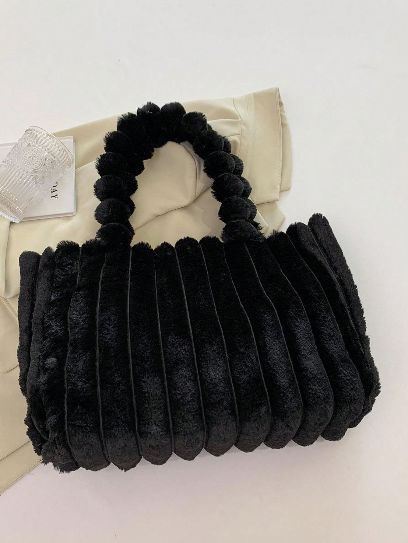 1 stuk Zwart En 1 stuk Koffie Pluche Gestreept Tote tassen Met Grote ...