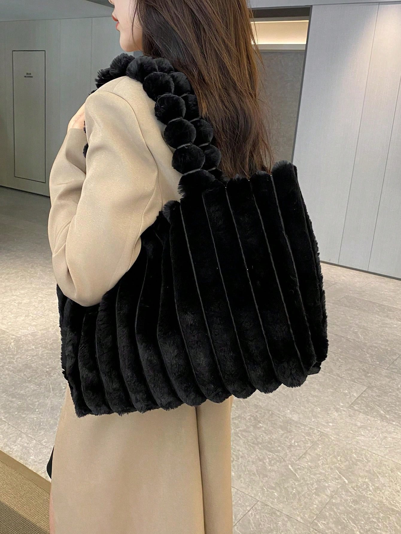 1 stuk Zwart En 1 stuk Koffie Pluche Gestreept Tote tassen Met Grote ...