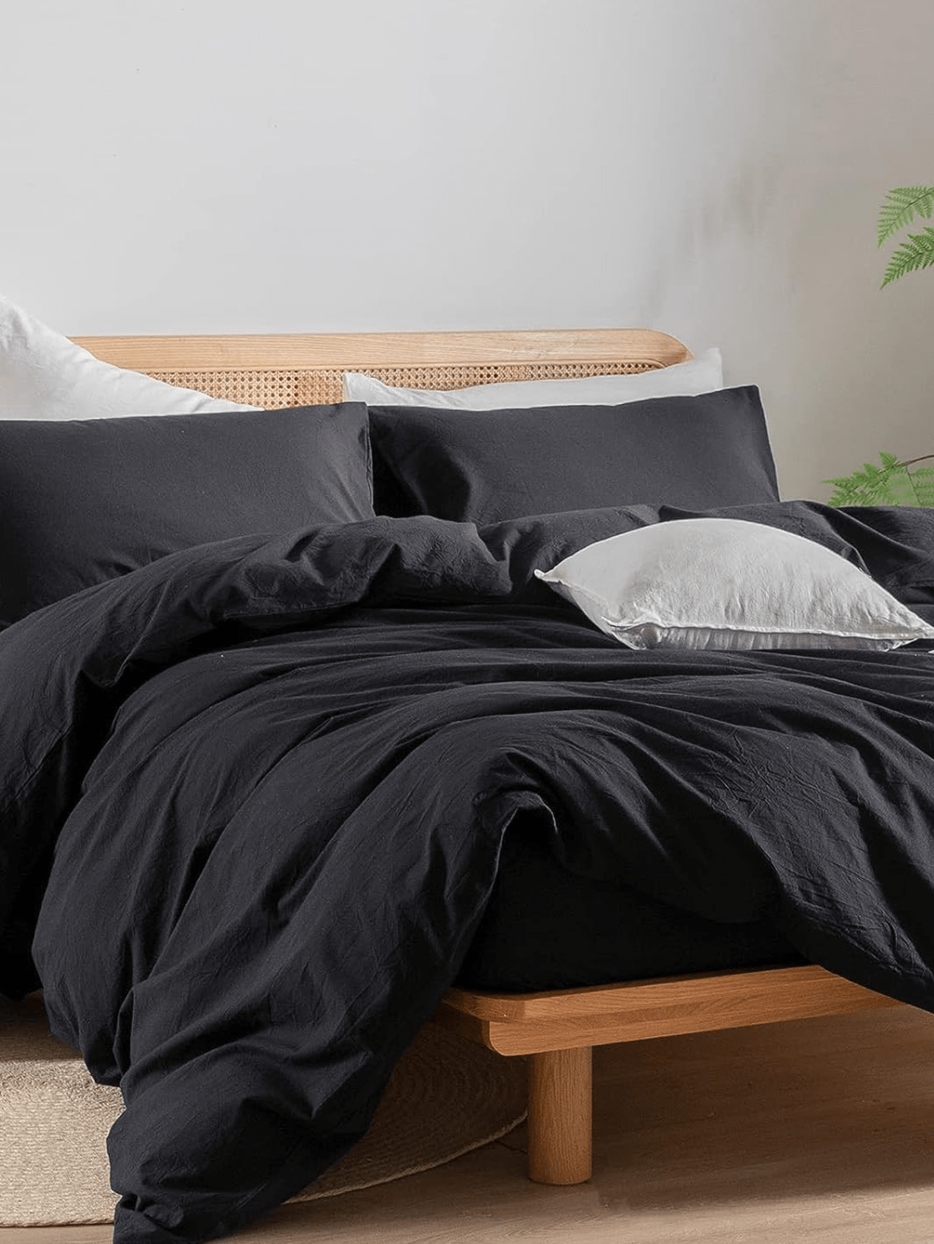 One duvet cover set 100% washed cotton solid black three piece set ...
