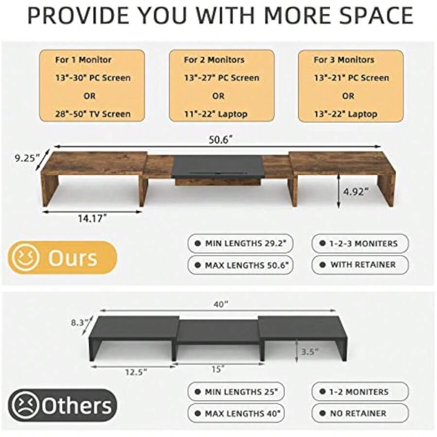 Triple Dual Monitor Stand Riser, Extra Long Monitor Stand for 1~2~3 ...