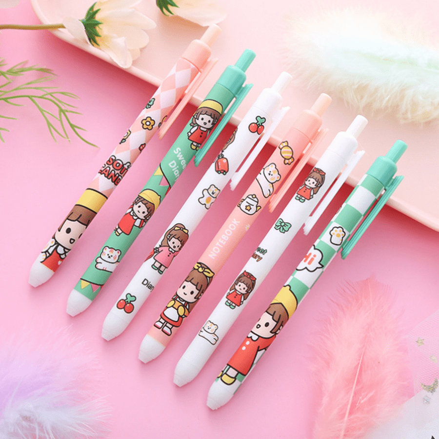 6pcs Random Color Cartoon Cute Girl Design Clicking Ballpoint Pen For ...
